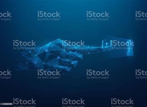 손 손가락 키 성공 낮은 폴리 와이어 프레임 주요 디지털 기술 개념 점 선 및 모양으로 구성됩니다 벡터 일러스트 레이 션 환상적인 기술 디자인 파란색 어두운 배경에 고립되어