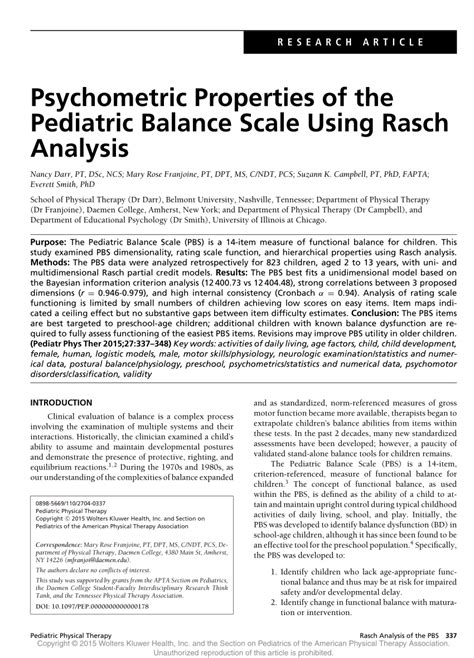 Pdf Psychometric Properties Of The Pediatric Balance Scale Using Rasch Analysis