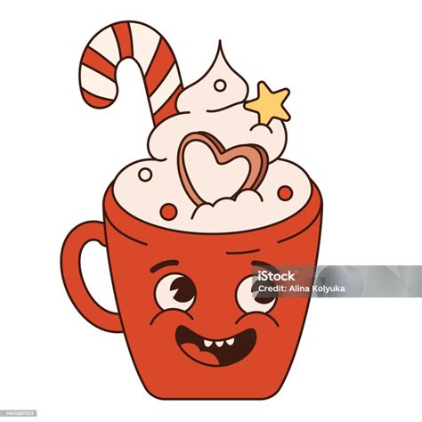 거품과 카라멜 지팡이를 곁들인 뜨거운 코코아 한잔 트렌디한 그루비 스타일의 복고풍 만화 캐릭터 바이브 70년대 가공의 인물에 대한 스톡 벡터 아트 및 기타 이미지 Istock