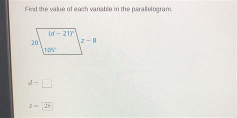 [solved] find the value of each variable in the parallelogram d 21