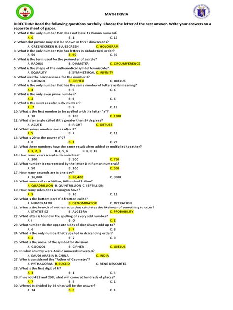 Math Trivia Pdf Numbers Mathematics