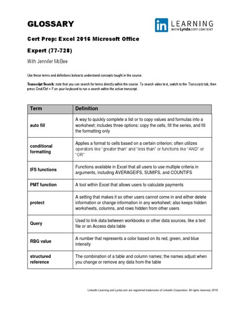 Glossary Excel 2016 Expert Pdf