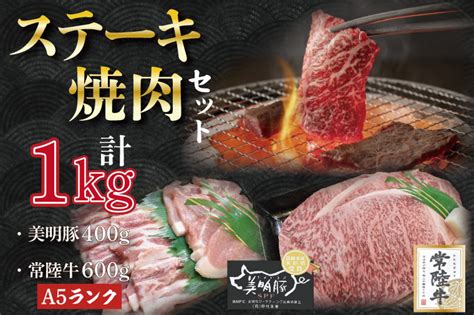 Dt 38【常陸牛a5ランク・美明豚ステーキ焼肉セット】常陸牛サーロイン600g（300g×2枚）＋美明豚400g（ロース200g・ばら