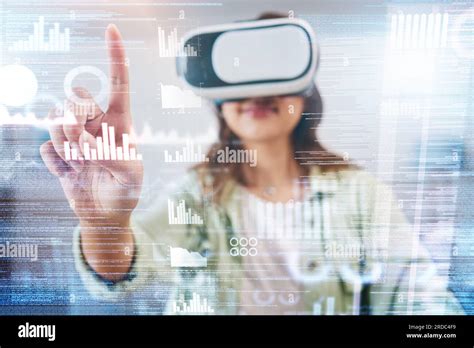 Business Woman Hologram And Virtual Reality Chart With Press Choice