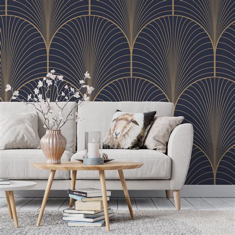 Navy Blue Geometric Wallpaper Gold Art Deco Wall Mural Etsy