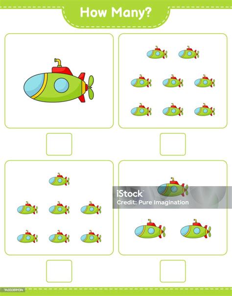 카운팅 게임 얼마나 많은 잠수함 교육 어린이 게임 인쇄 가능한 워크 시트 벡터 일러스트 레이 션 0명에 대한 스톡 벡터 아트 및