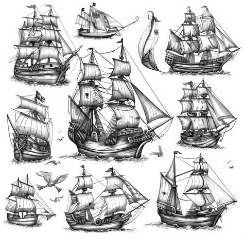 Premium Photo Icons Of Modern Pirate Frigates And Sail Ships Drawn In Vintage Sketches Or