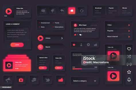 비디오 튜브 모바일 앱의 사용자 인터페이스 요소입니다 독특한 호형성 디자인 Ui Ux Gui Kit 요소 템플릿 노이모티즘
