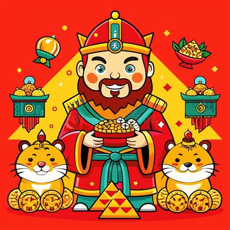 God Of Wealth With Tigers And Offerings Chinese New Year Stock Vector