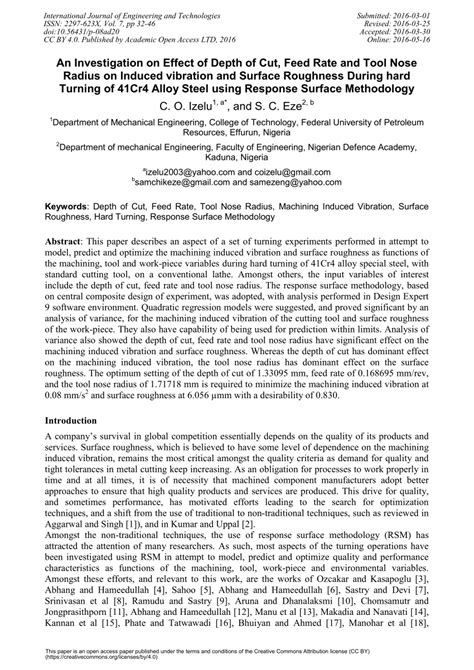 Pdf An Investigation On Effect Of Depth Of Cut Feed Rate And Tool
