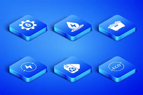 친환경 건강 식품 기어 기계의 잎 식물 재활용 태그 번개 볼트 물 에너지 및 휴지통 아이콘에 대한 라벨 설정 벡터 3차원 형태에 대한 스톡 벡터 아트 및 기타 이미지