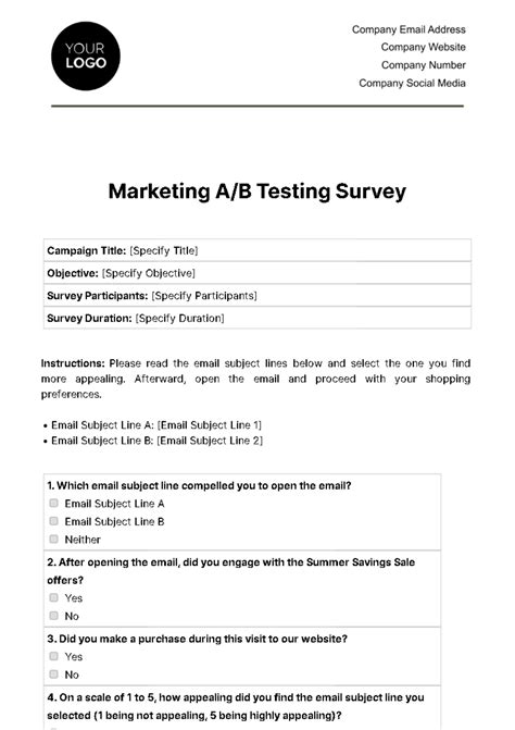Free Marketing A B Testing Survey Template To Edit Online