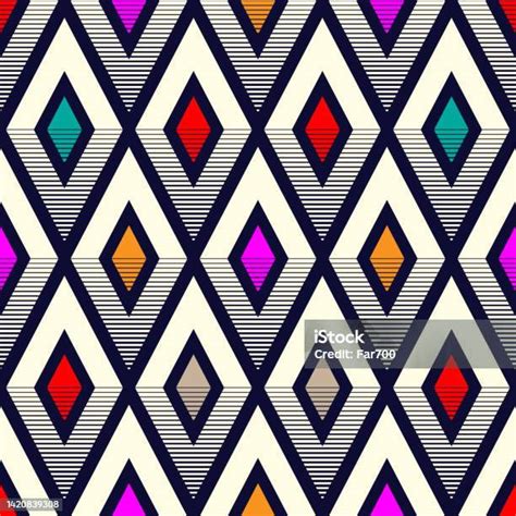 짙은 파란색 배경에 고립 된 밝고 다채로운 색의 줄무늬 마름모꼴 귀여운 타일 기하학적 이음새가 없는 패턴 벡터 간단한 평면