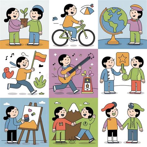 A Colorful Cartoon Style Illustration Featuring A Series Of Nine Different Scenes Arranged In