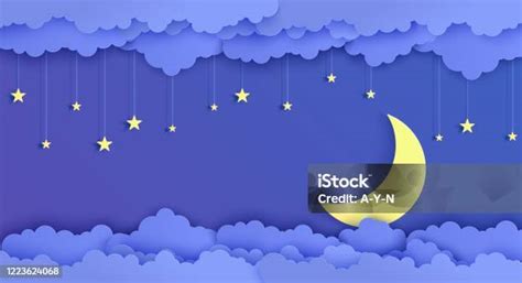 종이 컷 스타일의 밤 하늘 로프와 달 종이 컷 예술에 별과 파란색 흐린 풍경 3d 배경 귀여운 골판지 종이 접기 구름입니다 소원 좋은 밤 달콤한 꿈을위한 벡터 카드입니다