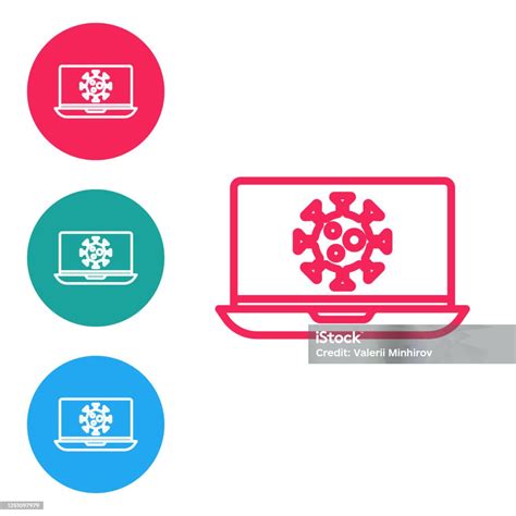 흰색 배경에 격리 된 랩톱 아이콘에 빨간색 줄 바이러스 통계 코로나 바이러스 2019ncov 박테리아와 세균 세포암 미생물 곰팡이 원 버튼에 아이콘을 설정합니다 벡터
