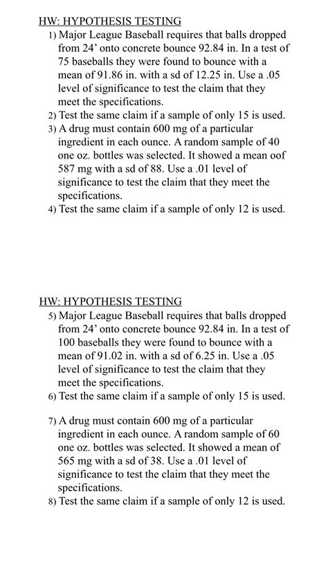 Solved HW HYPOTHESIS TESTINGMajor League Baseball Requires Chegg Com