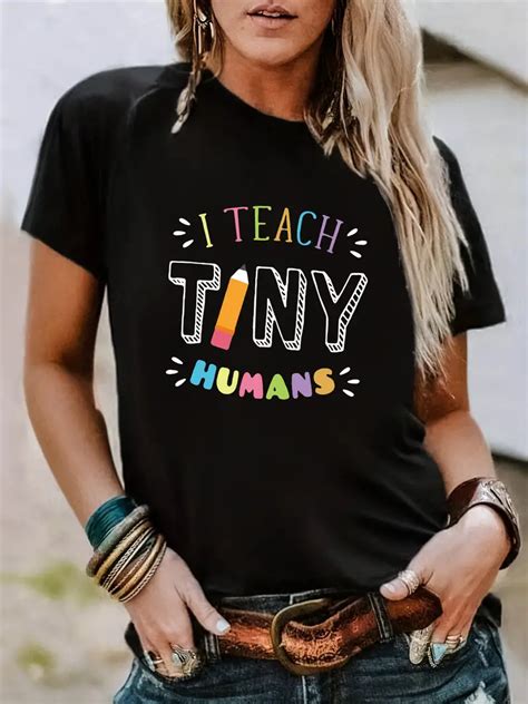 تي شيرت مطبوع عليه رسالة ملونة برقبة دائرية ، تي شيرت كاجوال Temu