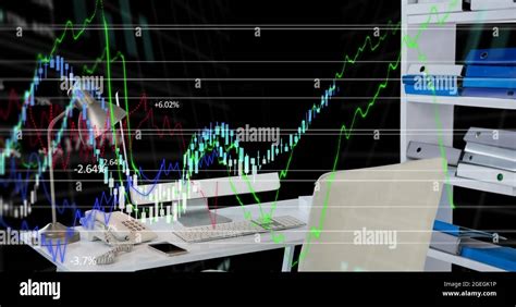 Image Of Financial Data Processing With Fluctuating Lines Over Office Desk Stock Photo Alamy