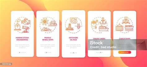 개념 세트와 해양 엔지니어링 온보딩 모바일 앱 페이지 화면 선박 유형 교통 연습 을 통해 5 단계 그래픽 지침 Rgb 색상