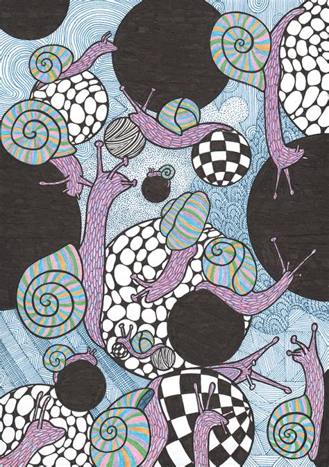 Slakken Tekening Zwart En Witte Bollen Art Print Kunst Black Hole Snails Swan Market