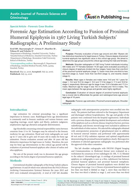 Forensic Age Estimation According To Fusion Of Proximal Humeral Epiphysis In 1367 Living Turkish
