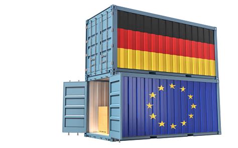 유럽 연합 과 독일 국기와 두 화물 컨테이너 왼쪽의 공간 복사 3d 렌더링 3차원 형태에 대한 스톡 사진 및 기타 이미지 3차원 형태 기 독일 Istock