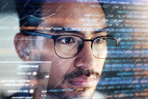 Premium Photo Man Face And Programmer Coding At Night With Overlay Or