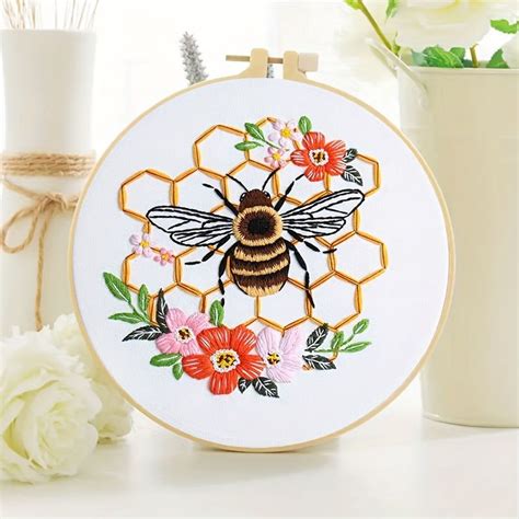 Temu｜꿀벌 곤충 패턴 자수 키트 초보자용 118 원단 자수 Diy 공예 세트 자수틀 바늘 실 영어 설명서 포함 여가 시간을 위한 창의적인 손 자수 예술
