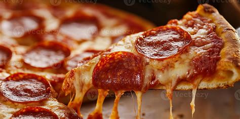 Close Up Of Pepperoni Pizza Slice Being Lifted Showing Toppings In
