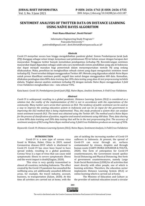 Pdf Sentiment Analysis Of Twitter Data On Remote Learning Using NaÏve Bayes Algorithm