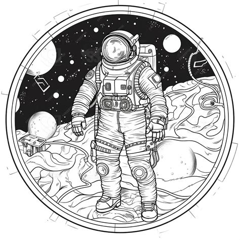 얇은 선명한 선과 우주 정거장 배경이 있는 어린이 만화 스타일을 위한 간단한 우주 비행사 색칠 페이지 흑백 낮은 세부 음영 없음 흰색 배경 생성 Ai 프리미엄 사진