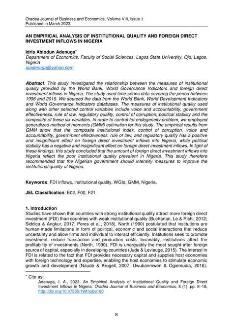 Pdf An Empirical Analysis Of Institutional Quality And Foreign Direct Investment Inflows In