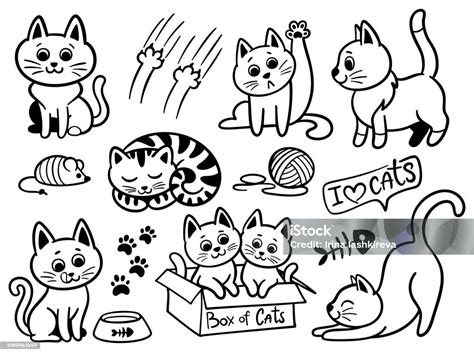 귀여운 고양이는 낙서 만화 스타일로 손으로 그린 컬렉션입니다 흑인과 백인 윤곽 고양이 스티커 색칠하기 책 페이지 인쇄 및 기타 흰색 배경에 격리되어 있습니다 낙서 드로잉에