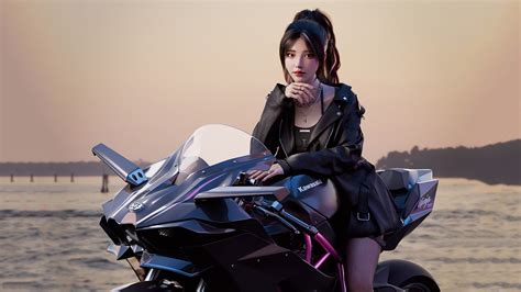 美女 帅气 皮衣 高马尾 机车 摩托车 动漫 壁纸1920x1080高清大图 彼岸桌面