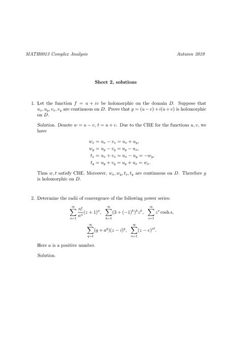 Math0013 Sheet 2 With Sol Math0013 Complex Analysis Autumn 2019 Sheet