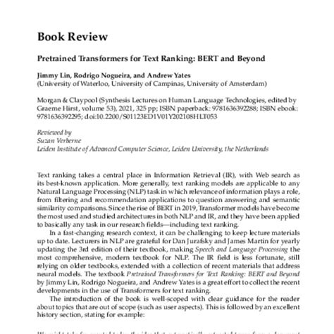 Pretrained Transformers For Text Ranking Bert And Beyond Acl Anthology