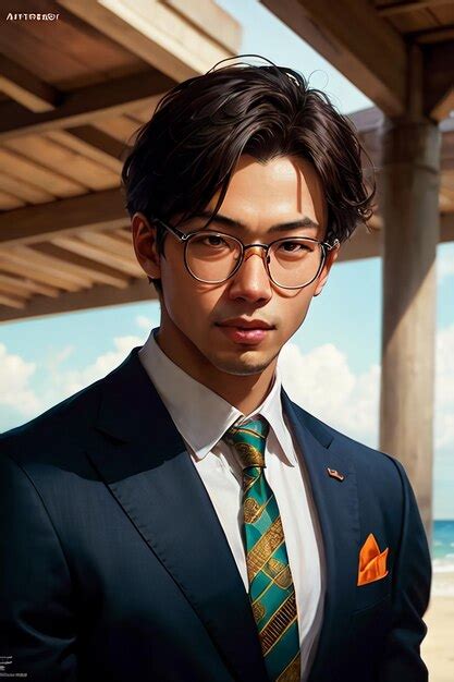 A Man In A Suit And Glasses Stands In Front Of A Beach Premium Ai