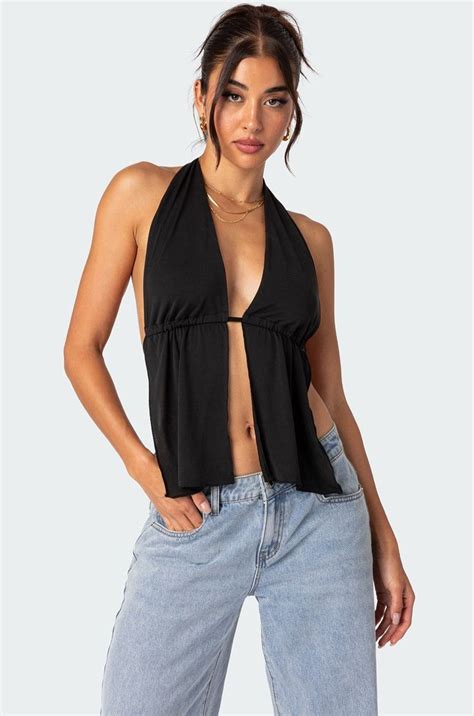 Split Front Halter Top Halter Top Visionary Fashion Tops