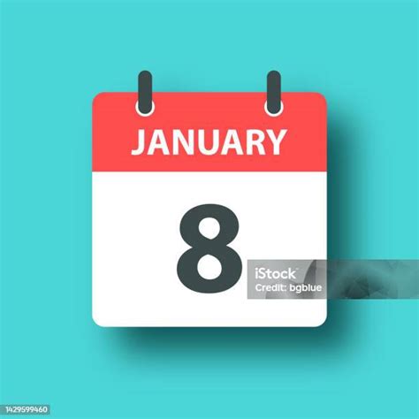 1월 8일 그림자가 있는 파란색 녹색 배경의 일일 달력 아이콘 1월에 대한 스톡 벡터 아트 및 기타 이미지 1월 2022년 2023년 Istock