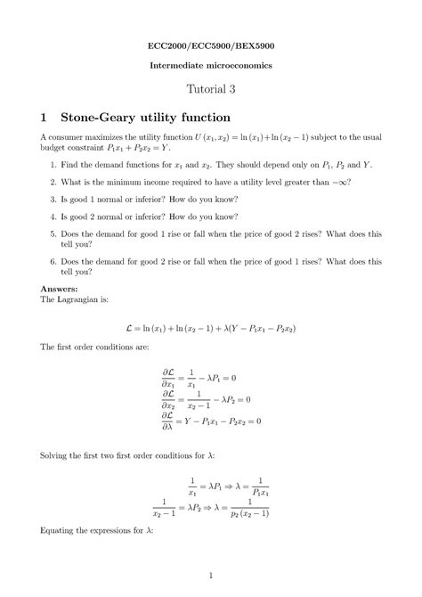 Tutorial Answers Consumer Theory ECC ECC BEX Intermediate Microeconomics Tutorial