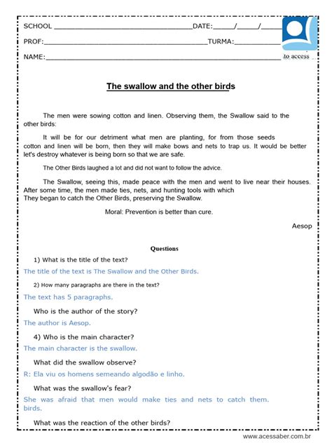 Interpretation Of The Text The Swallow And The Other Birds 4th
