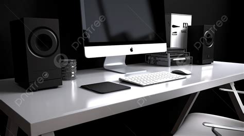 3d 렌더링된 작업 책상에 있는 현대적인 데스크탑 컴퓨터 데스크탑 컴퓨터 데스크탑 모니터 모형 배경 일러스트 및 사진 무료