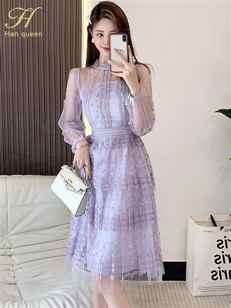 H Han Queen 여성용 레트로 레이스 드레스 슬림 O 넥 패치워크 메쉬 자수 파티 캐주얼 드레스 한국 패션 봄 신상 Aliexpress