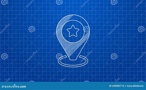 White Line Map Pointer With Star Icon Isolated On Blue Background Star Favorite Pin Map Icon