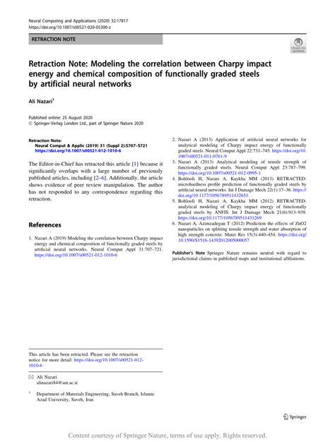 Retraction Note Modeling The Correlation Between Charpy Impact Energy And Chemical Composition