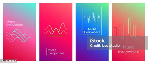 음악 사방 소셜 미디어 이야기 듀오 톤 템플릿 세트 텍스트 콘텐츠 레이아웃이 있는 그라데이션 웹 배너 현대 활기찬 모바일 음악 플레이어 응용 프로그램 디자인 음파 모형 팩과