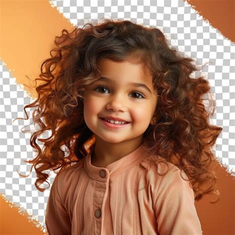 보모 복장을 입은 중동 출신의 물결 모양 머리를 가진 감탄스러운 어린 소녀가 파스텔 귤 배경에 프로필 실루엣 스타일로 포즈를 취하고 있습니다 프리미엄 Psd 파일