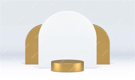 색 반 원형 벽 배경과 함께 3d 황금 실린더 포디움 현실적인 터 일러스트레이션 프리미엄 벡터