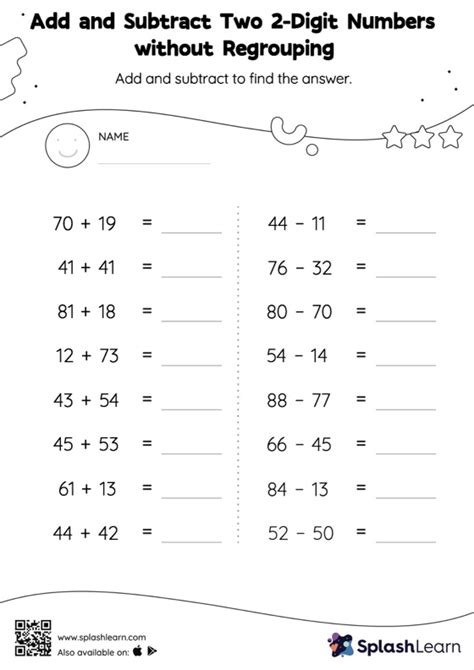 Subtract Two 2 Digit Numbers Without Regrouping Horizontal Subtraction Worksheet Printable